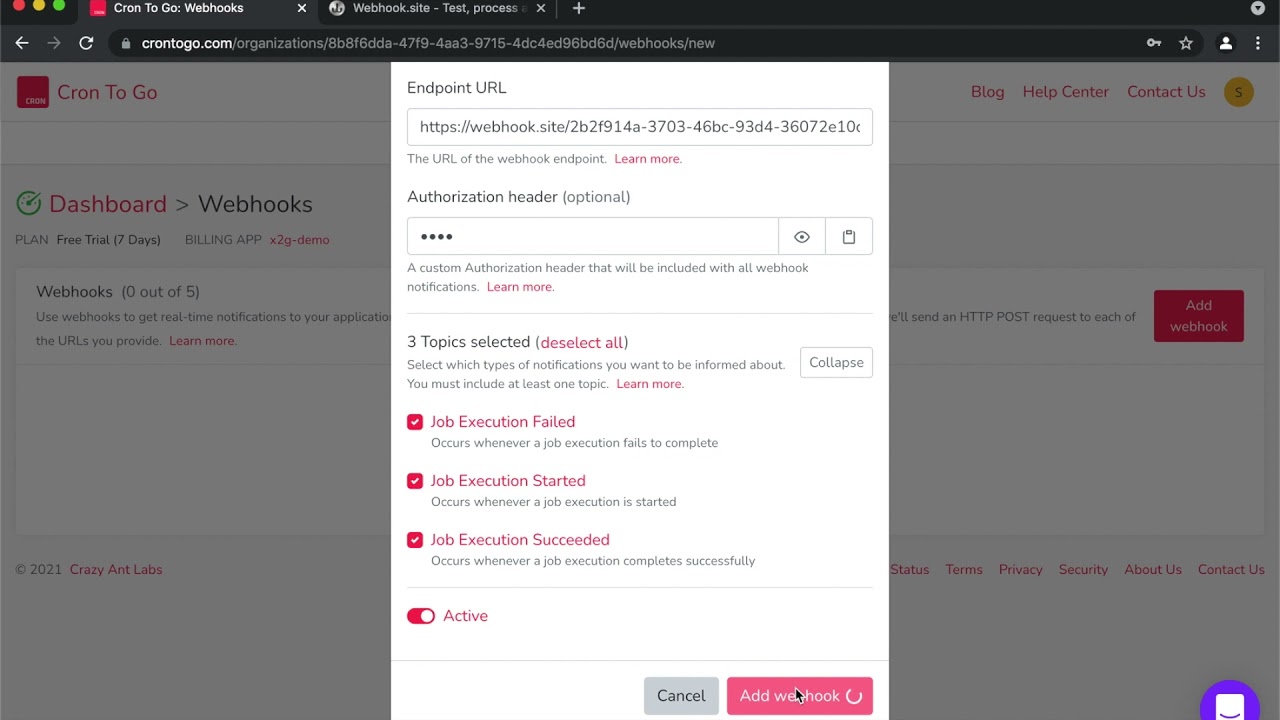How to setup webhook notifications in Cron To Go?