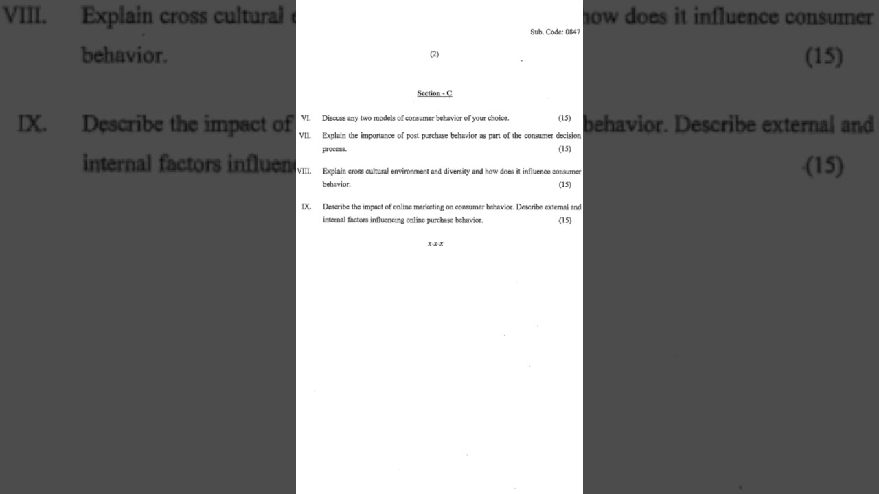 Bcom hons. 4th sem(Management studies:consumer behavior) pu previous year question paper 2021