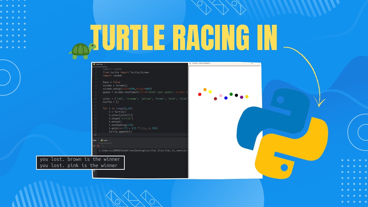 Python Beginner Project  Tutorial - 10 Turtles are racing