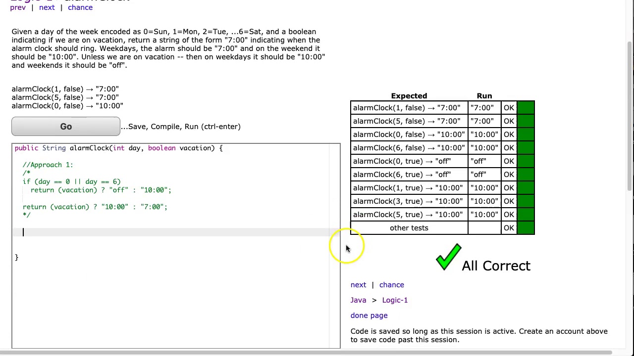 Codingbat - alarmClock (Java)