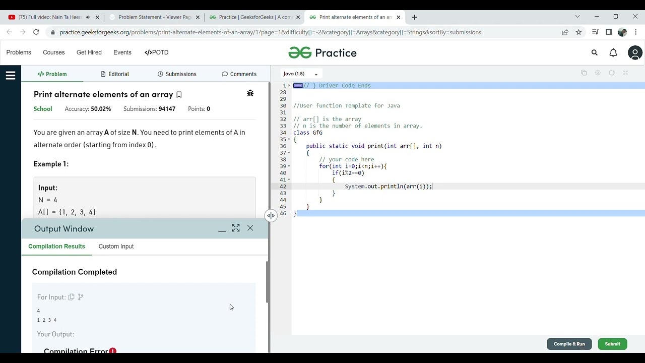 GFG - Print alternative Elements of an array using java