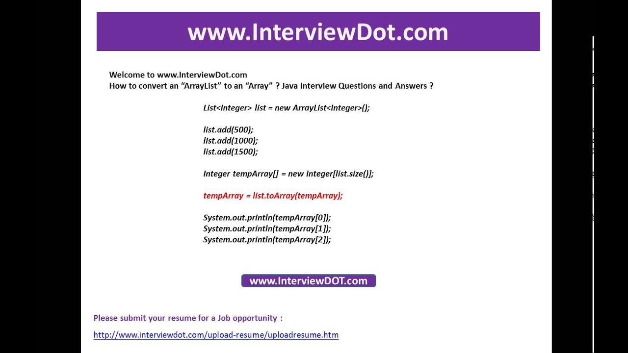 How to convert an arraylist to array java job interview question