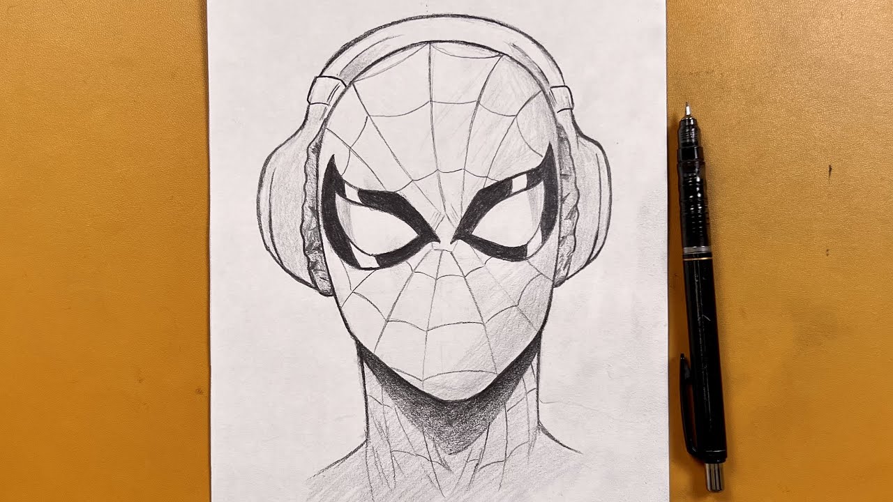 How to draw Spider-Man wearing headphones step-by-step
