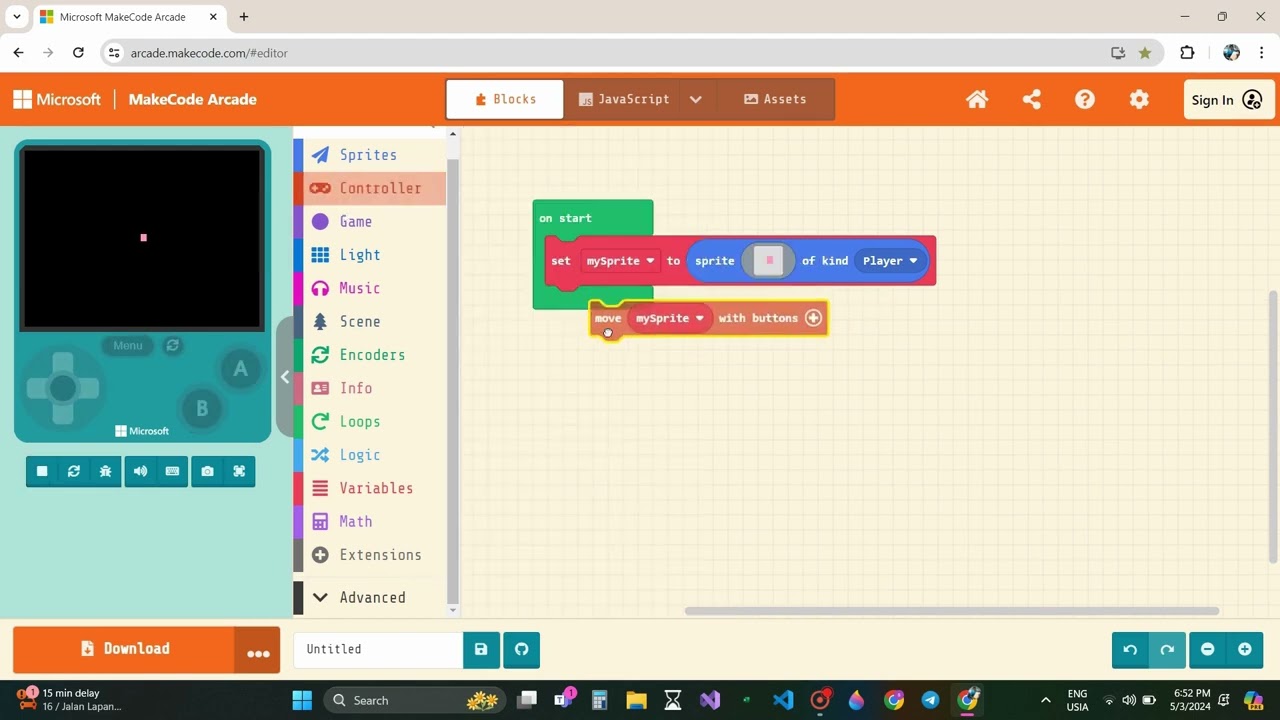 Microsoft MakeCode Arcade Project 1: 'Tutorial For Beginners' Created by Trishanth Kumar