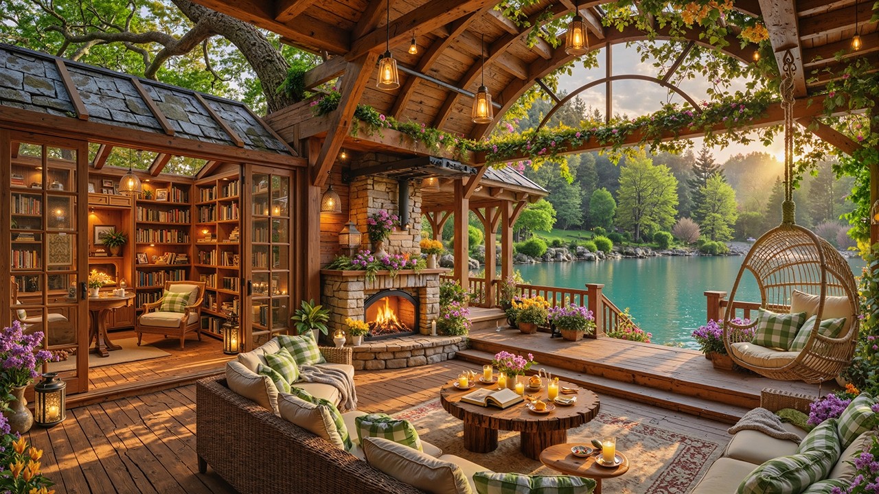 Relaxing April Spring Jazz Music | Cozy Rainy Morning Porch with Warm Fireplace for Deep Work