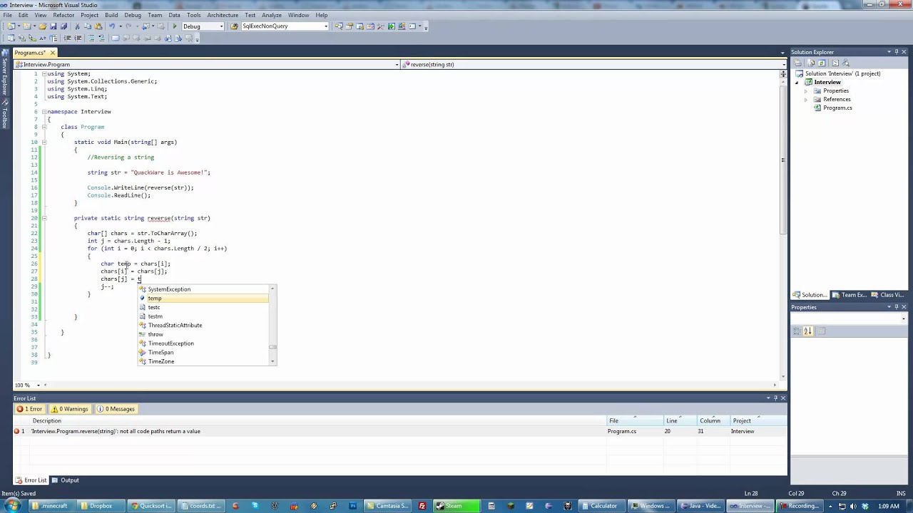 Interview Questions #3 - Reversing a String - C Sharp C# Visual Studio 2010