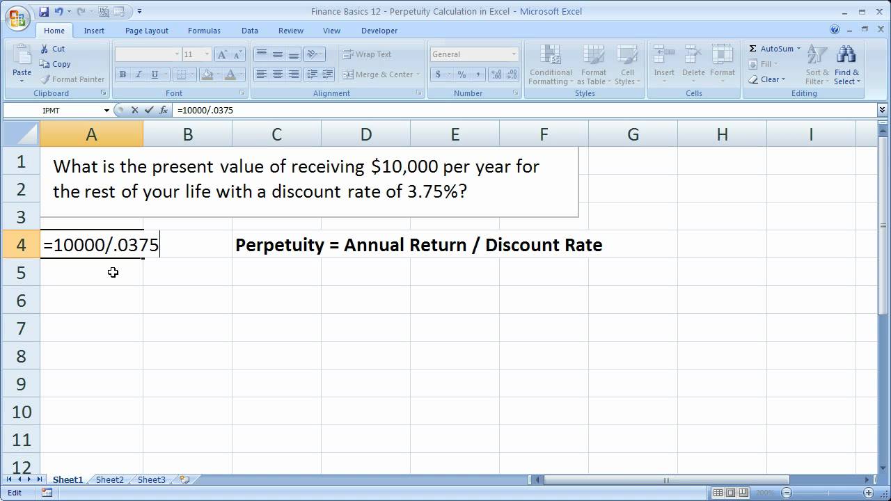 Finance Basics 12 - Perpetuity Calculation in Excel