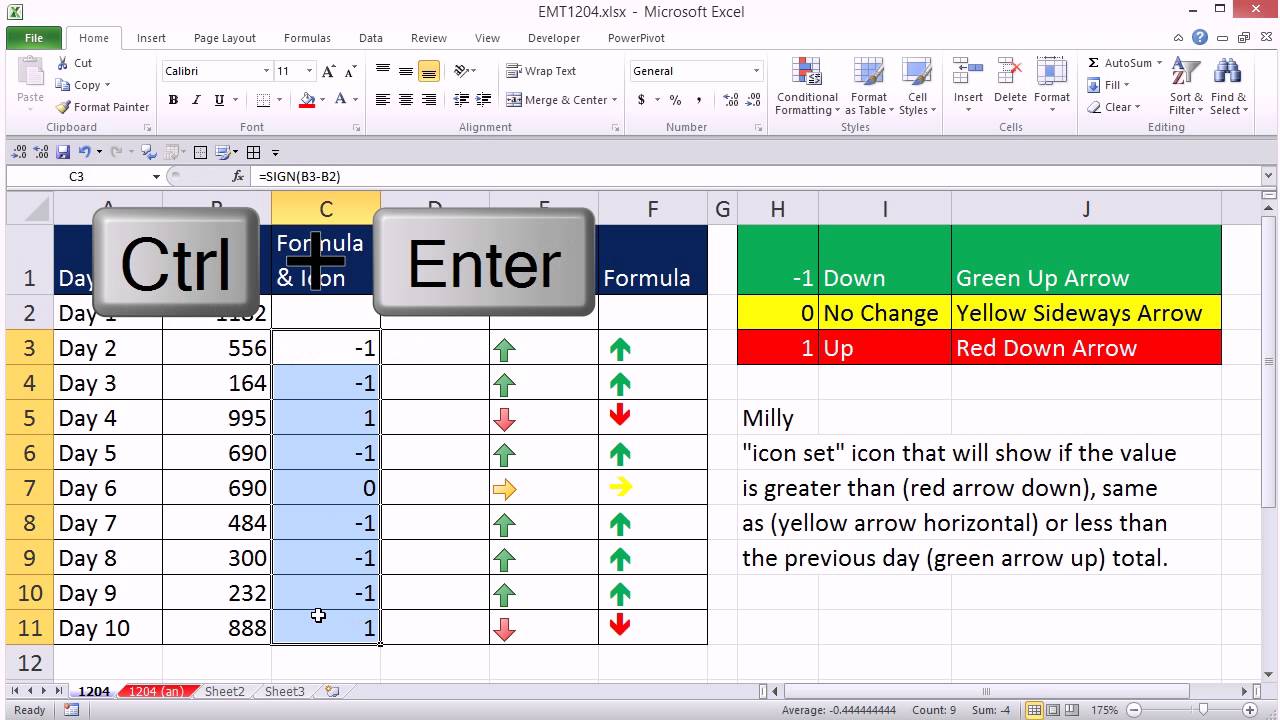 Excel Magic Trick 1204: Conditional Formatting For Day’s Change: Up & Down Icon Arrows