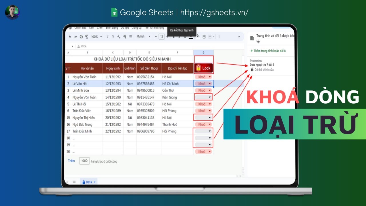 Khoá dữ liệu loại trừ (code) - Google Sheets