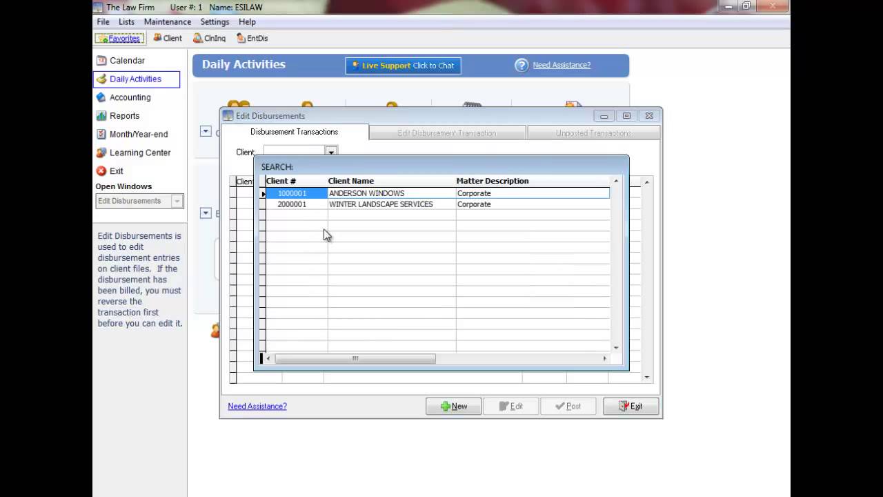 Editing client expense or disbursement entries in ESILAW