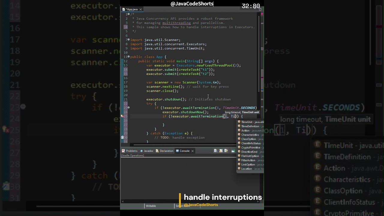 0054 Java Concurrency: handle interrupt Executors #java #programming #coding #shorts