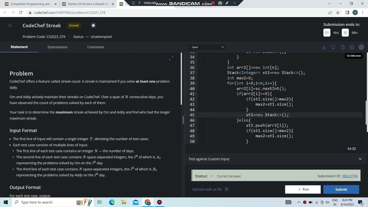CodeChef Streak | Codechef | Starters 94 | Solution Code.