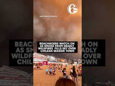 Beachgoers watched on as smoke from deadly wildfires filled the sky over a Chilean seaside town