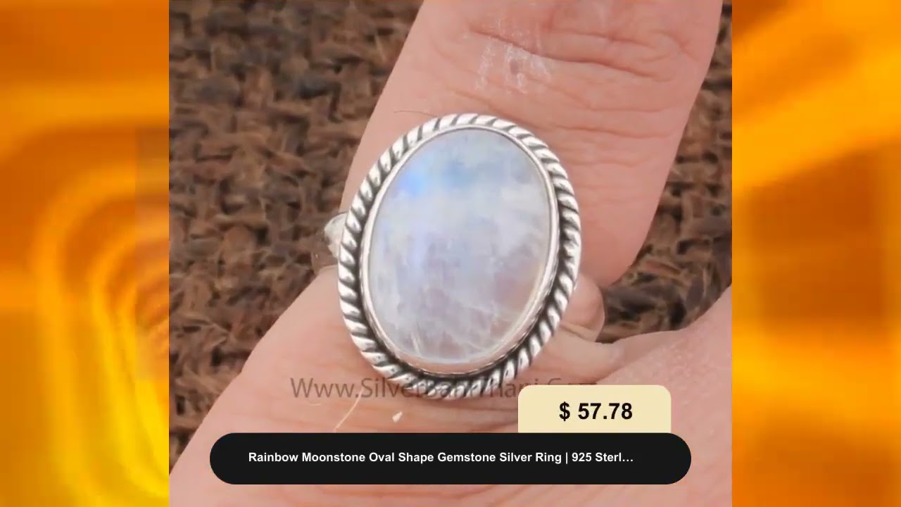 Rainbow Moonstone Oval Shape Gemstone Silver Ring | 925 Sterling Solid Boho Silver Ring | Handmad...