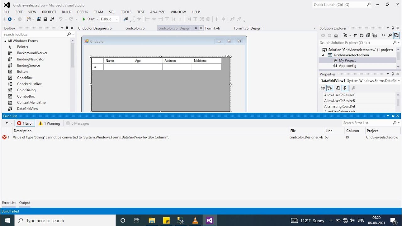 Rectify the Error -Values of string cannot converted to datagridviewtextbox column in VB.net