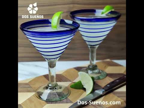 Dos Sueños Mexican Hand Blown Glassware - Blue Spiral Modern Margarita Glasses