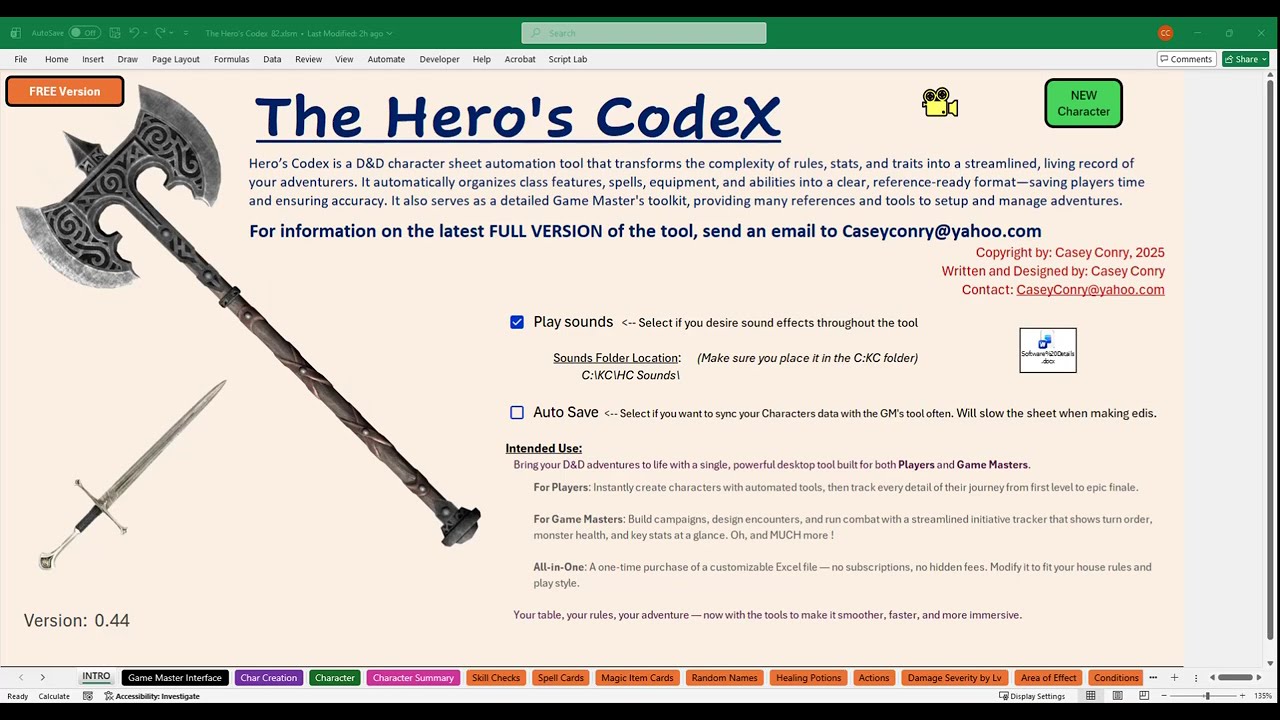 DnD Excel Tool: Hero's Codex Tool - INTRODUCTION