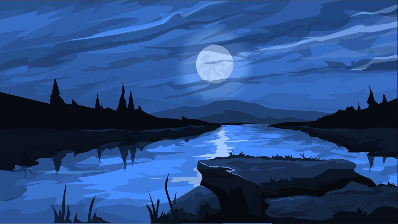 Made with Inkscape (Speed Art): Night landscape (river and stones)