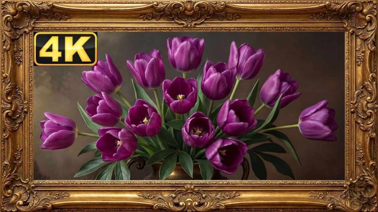 2-Hour 4K Classic Purple Tulips Painting — Relaxing Screensaver / Ambient Art
