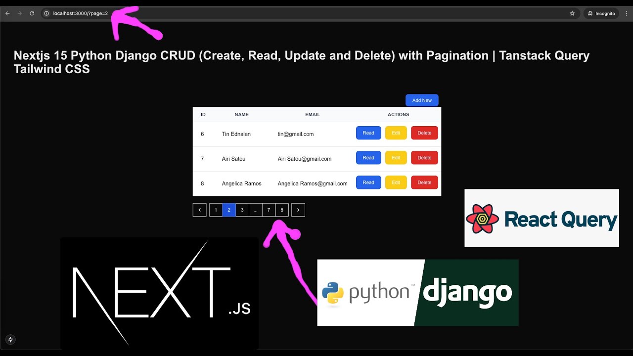 Nextjs 15 Python Django CRUD with Pagination | Tanstack Query Tailwind CSS
