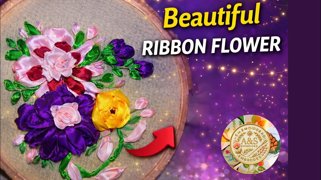 Beautiful Ribbon Flower Embroidery Design for Beginners | Stunning Floral Design Tutorial#floral 
