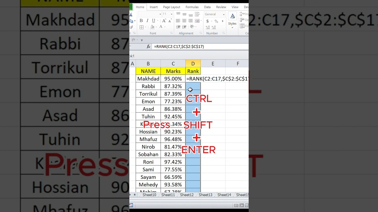 Rank function in excel | How to rank Calculate in marks sheet#exceltricks #rank