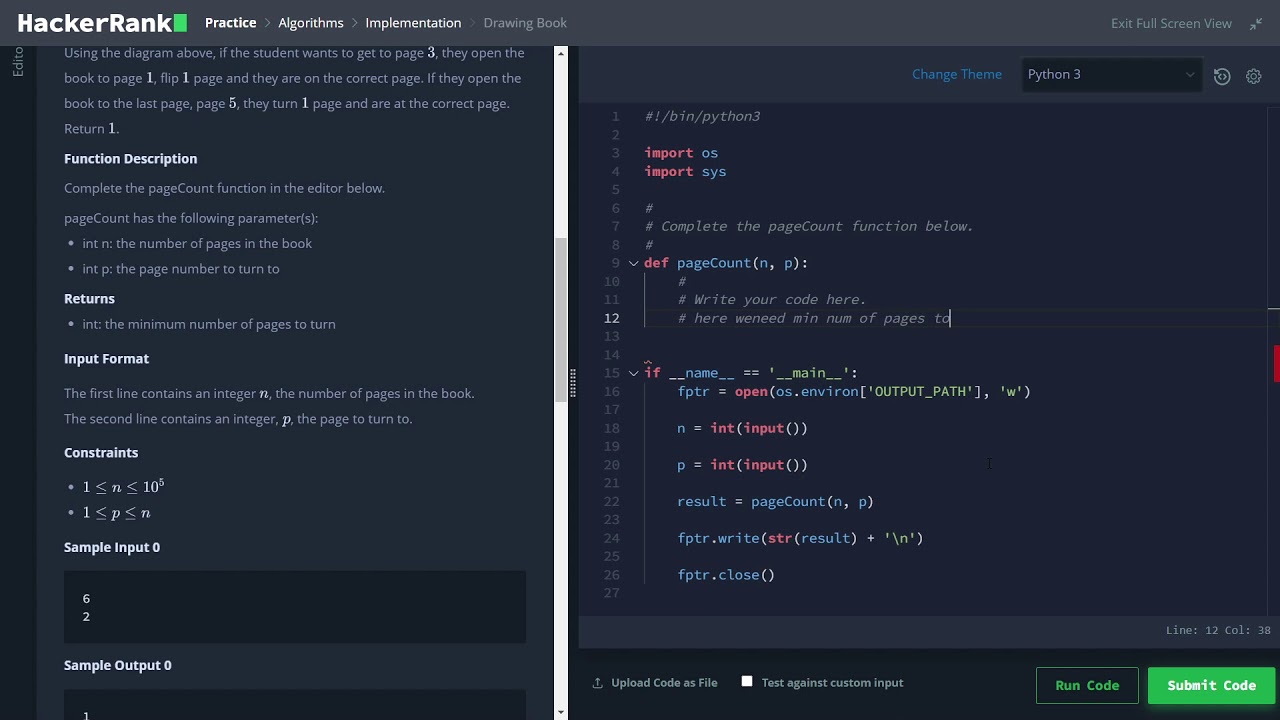 drawing book problem in hacker rank solution in python 3