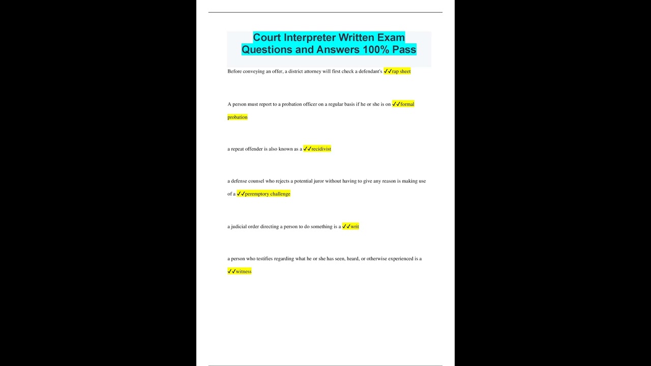 Court Interpreter Written Exam Questions and Answers 100% Pass
