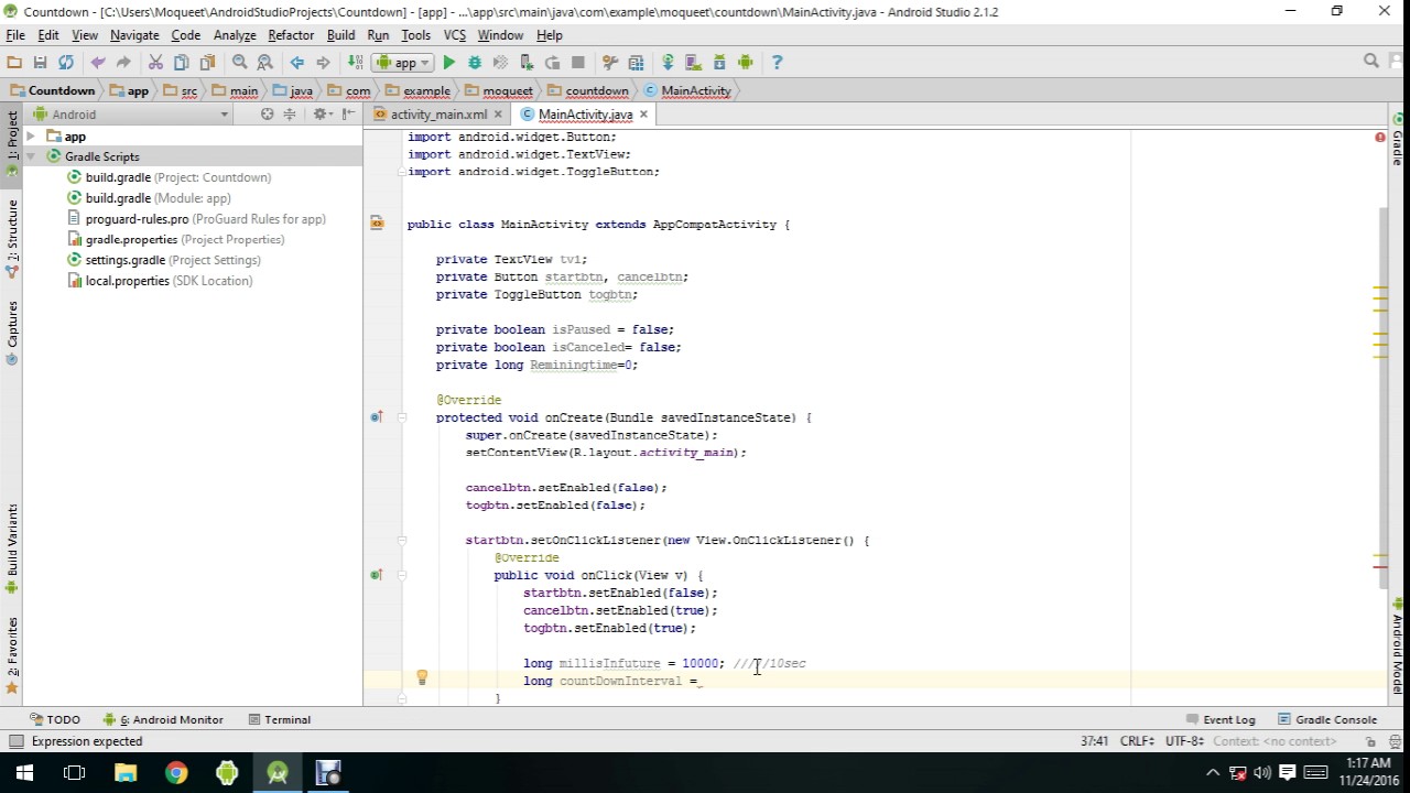 Countdown timer with pause and resume Android Studio by Abdul Moqueet Wahedi