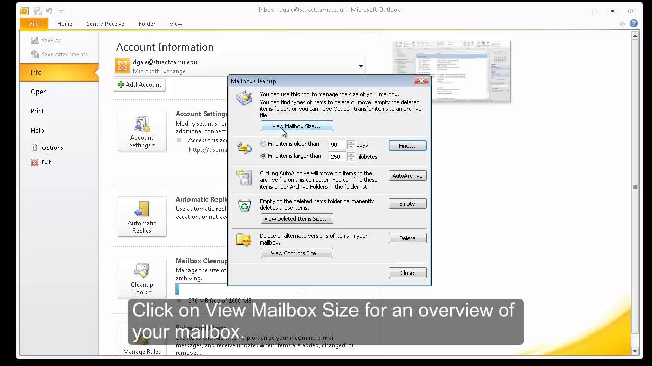 Outlook 2010 - View Mailbox Size