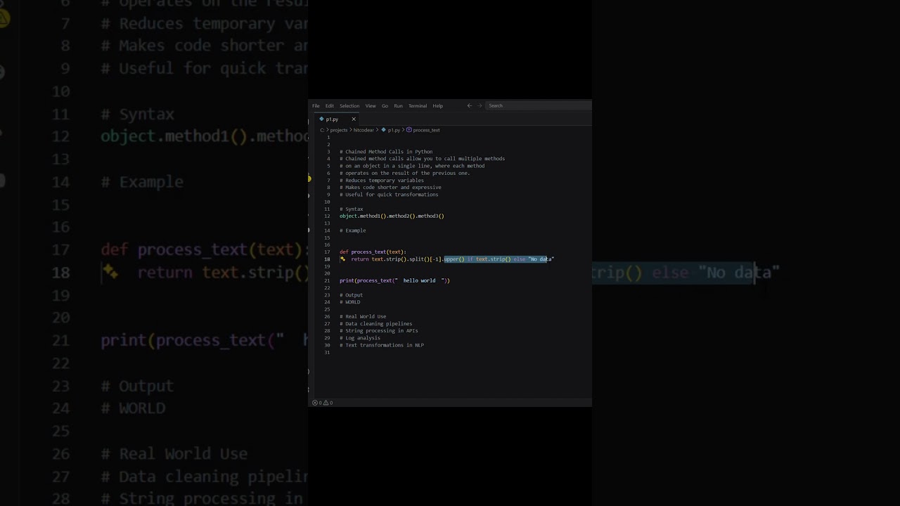 Python Method Chaining in 30s 🔥 | Write Cleaner Code Instantly #coding #hitcodear #programming