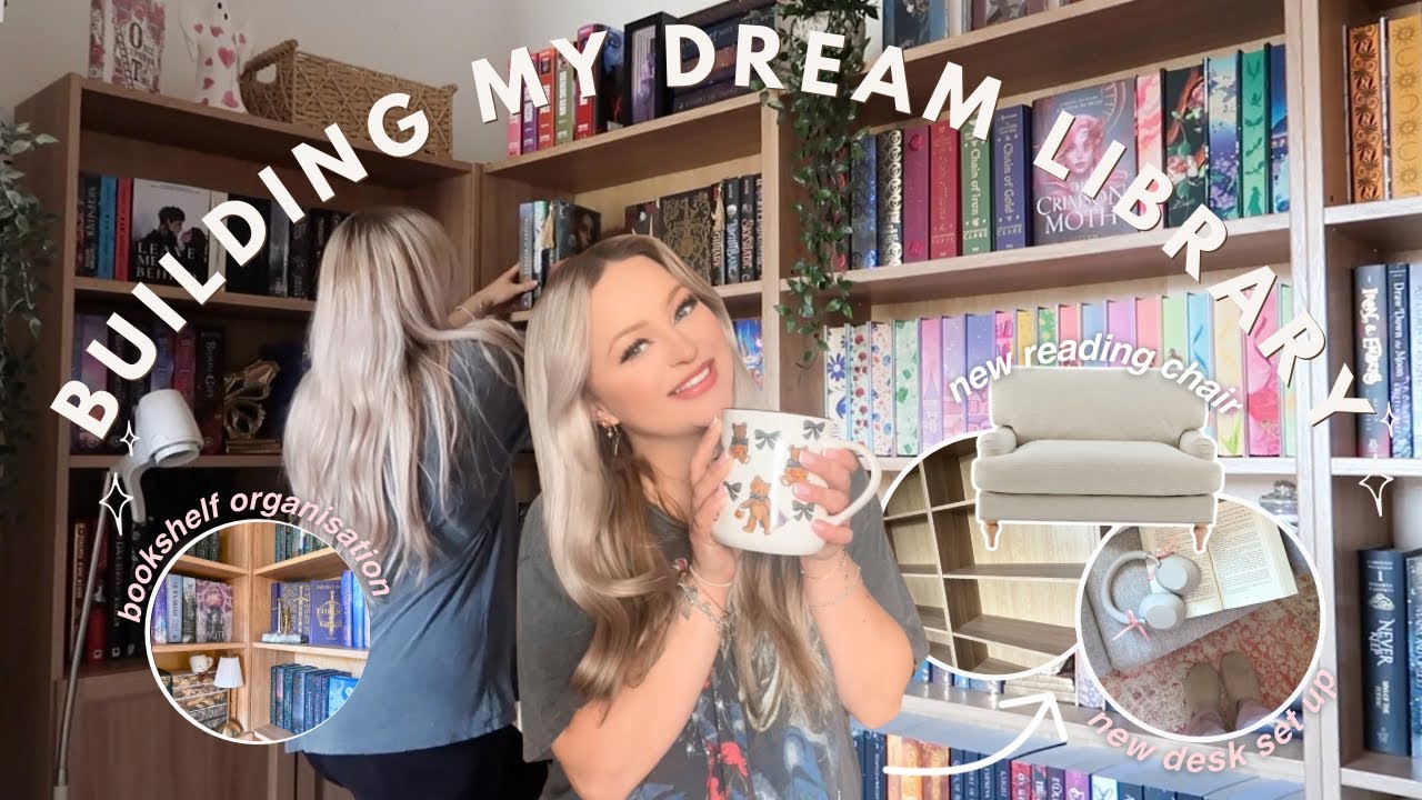 building my dream library📓💫new bookshelves, bookshelf organisation, reading nook + bookshelf tour🫶🏻