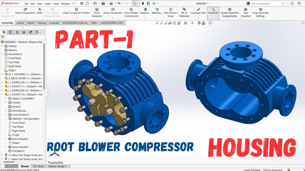 Root Types Blower in Solidworks.  Part-1, Housing // Roots Blower pump// solidworks  Tutorials.