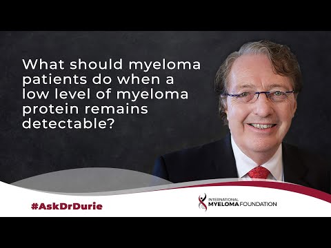 What should myeloma patients do when a low level of myeloma protein remains detectable?
