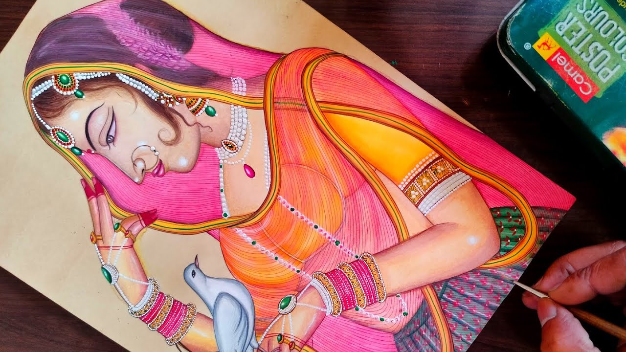Rajasthani Queen Painting // Radha Bani Thani and Pigeon // Poster Colour