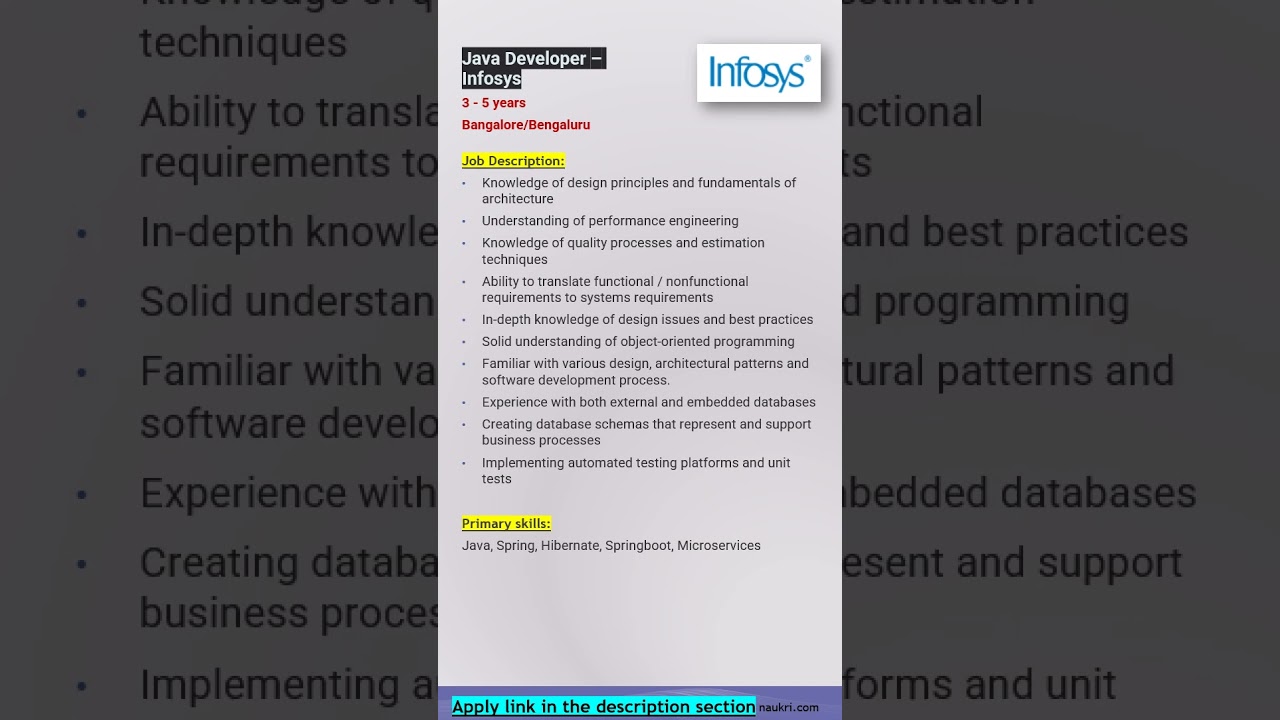 Infosys | Java Developer | Bangalore | SDLC, Springboot, Microservices, Full Stack #shorts #ytshorts