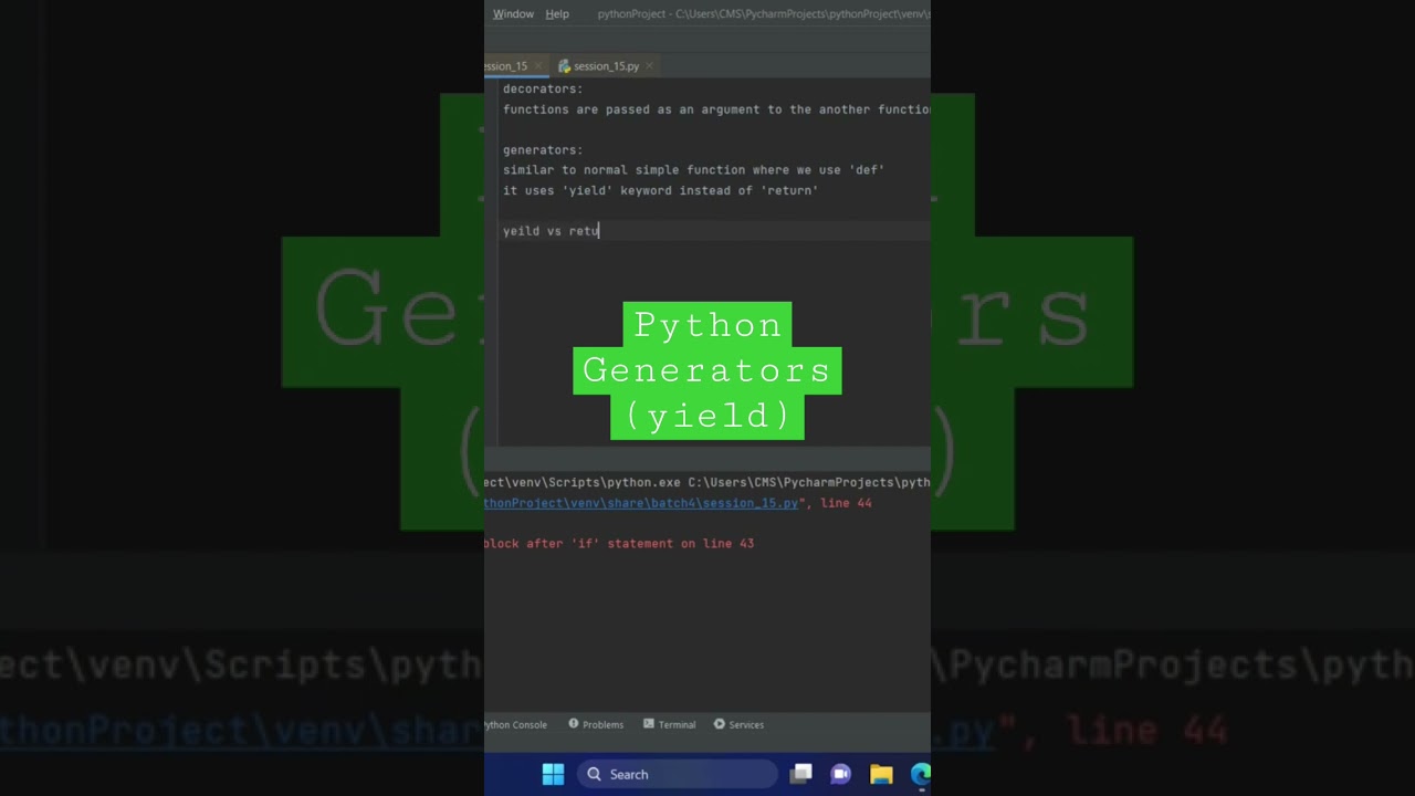 Python- Generators #yield #generator #python #pythoncourse #pythontutorialsforbeginners #coding
