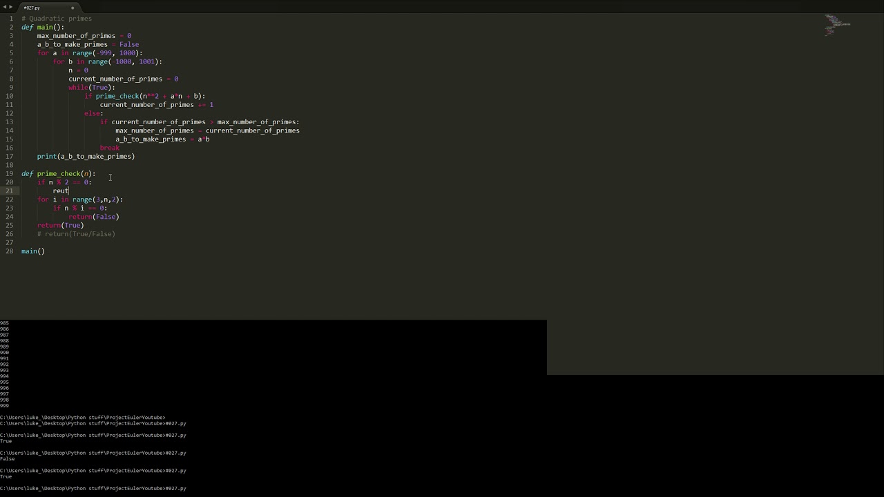 Python Beginner tutorial series using project Euler #27 - Quadratic primes