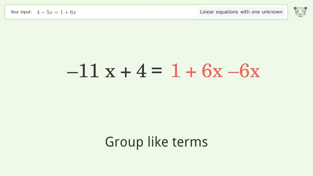 Linear equation with one unknown: Solve 4-5x=1+6x step-by-step solution