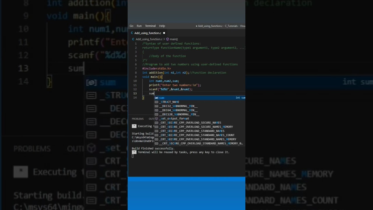 C program to create a user-defined function for addition |Example of call by value |Function in C