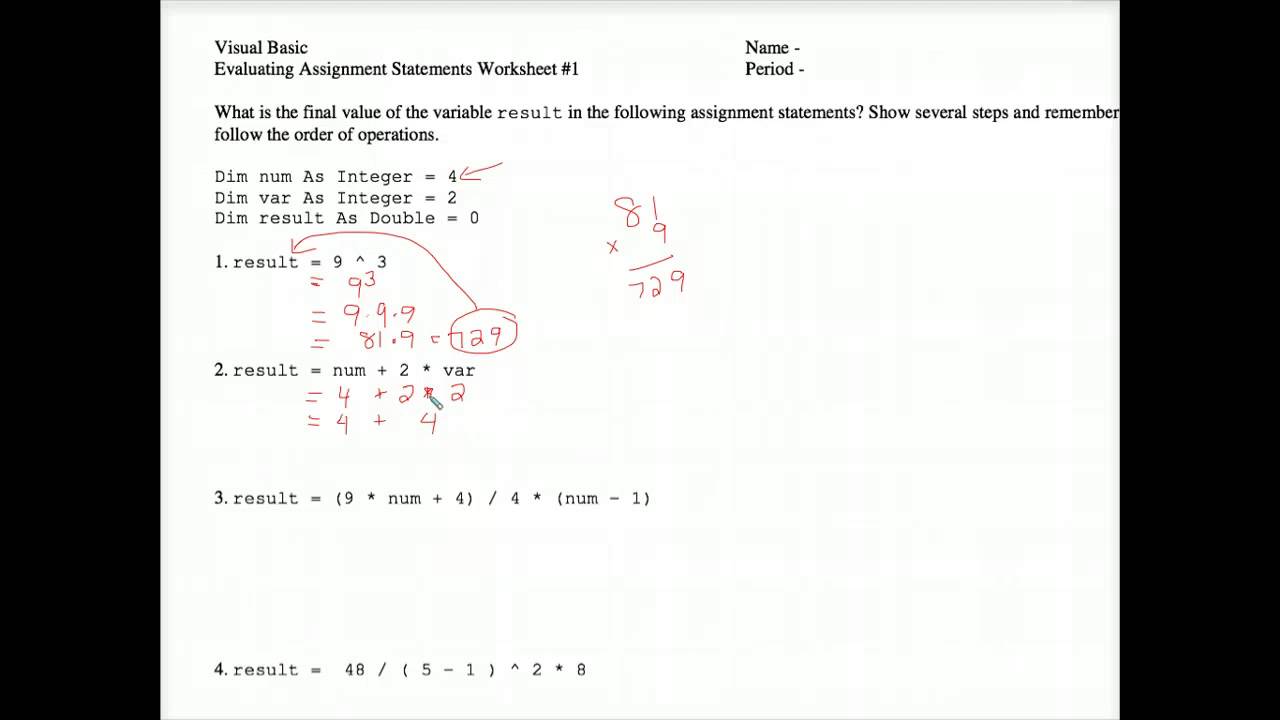 VB Evaluating Assignments Statements Worksheet #1
