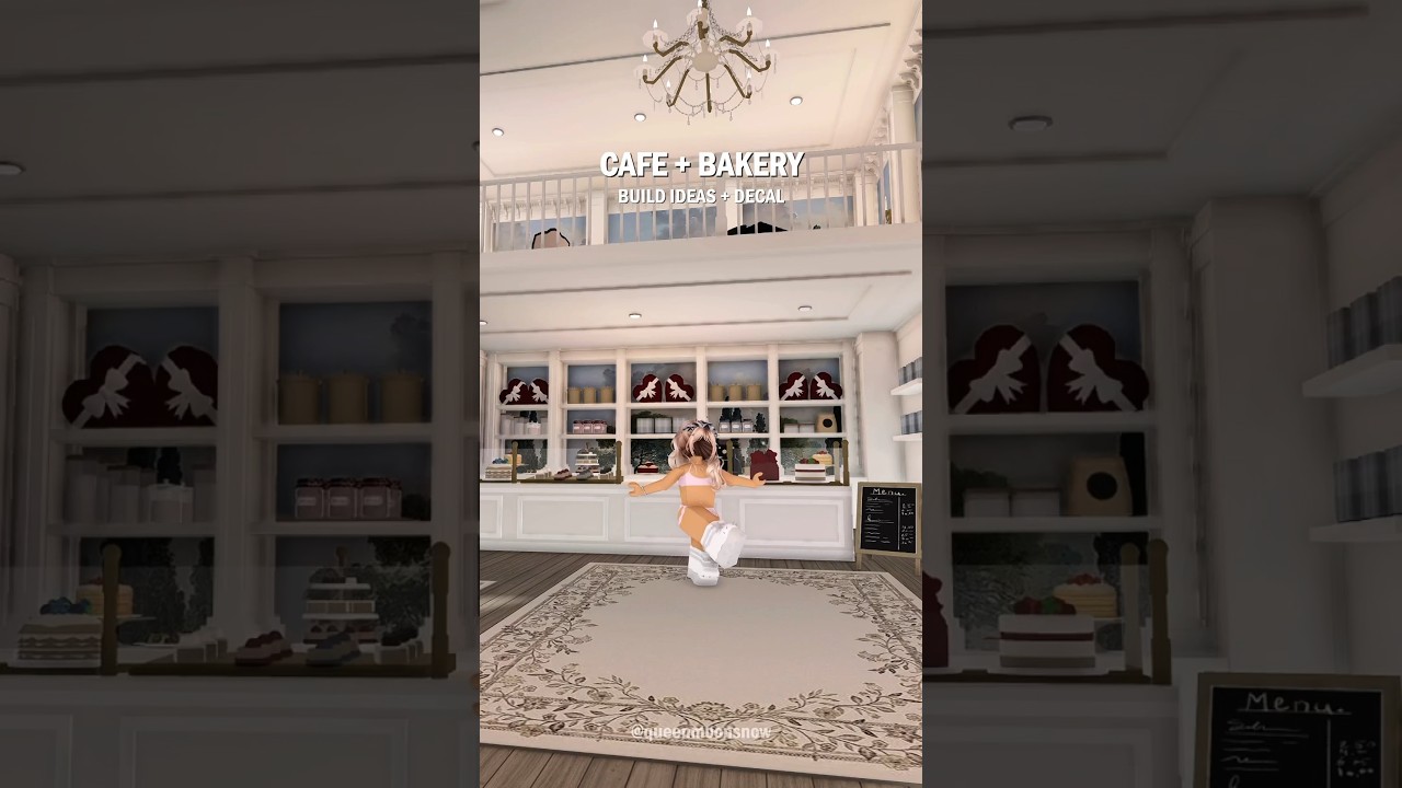 bloxburg paris cafe bakery build ideas, kitchen hacks, custom cake, house rug decal 🤍 #bloxburg