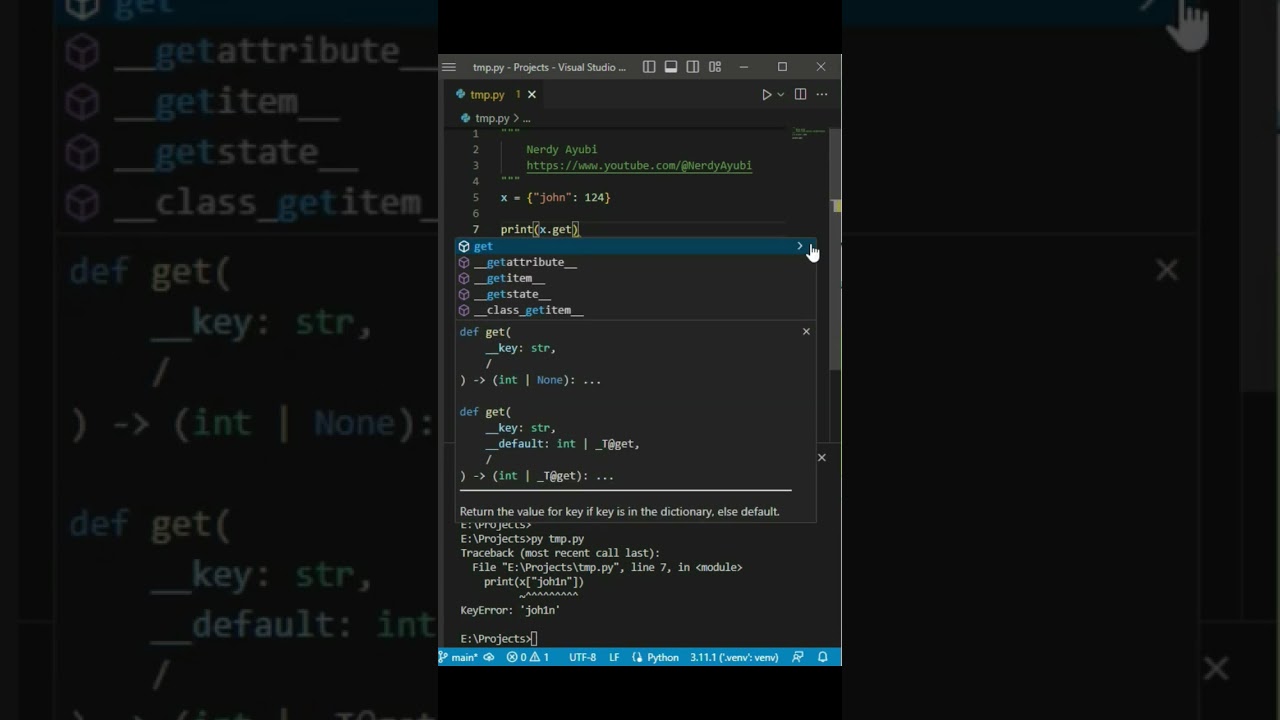KeyError in Python Dictionary? Use dict.get(). #pythonforbeginners #shorts #short