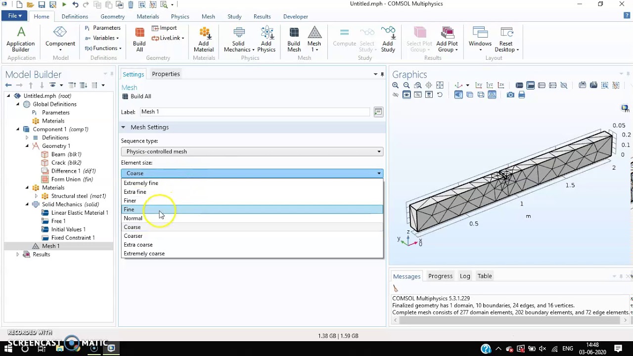 COMSOL  Beam Modelling: Finite element modelling