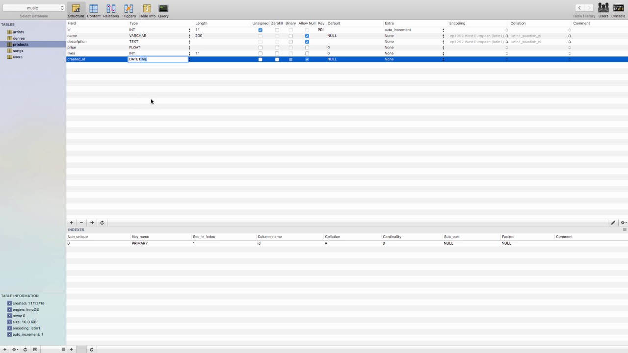 creating database tables in sequel pro