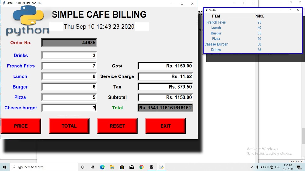 Create Simple cafe billing GUI Using Python Tkinter.