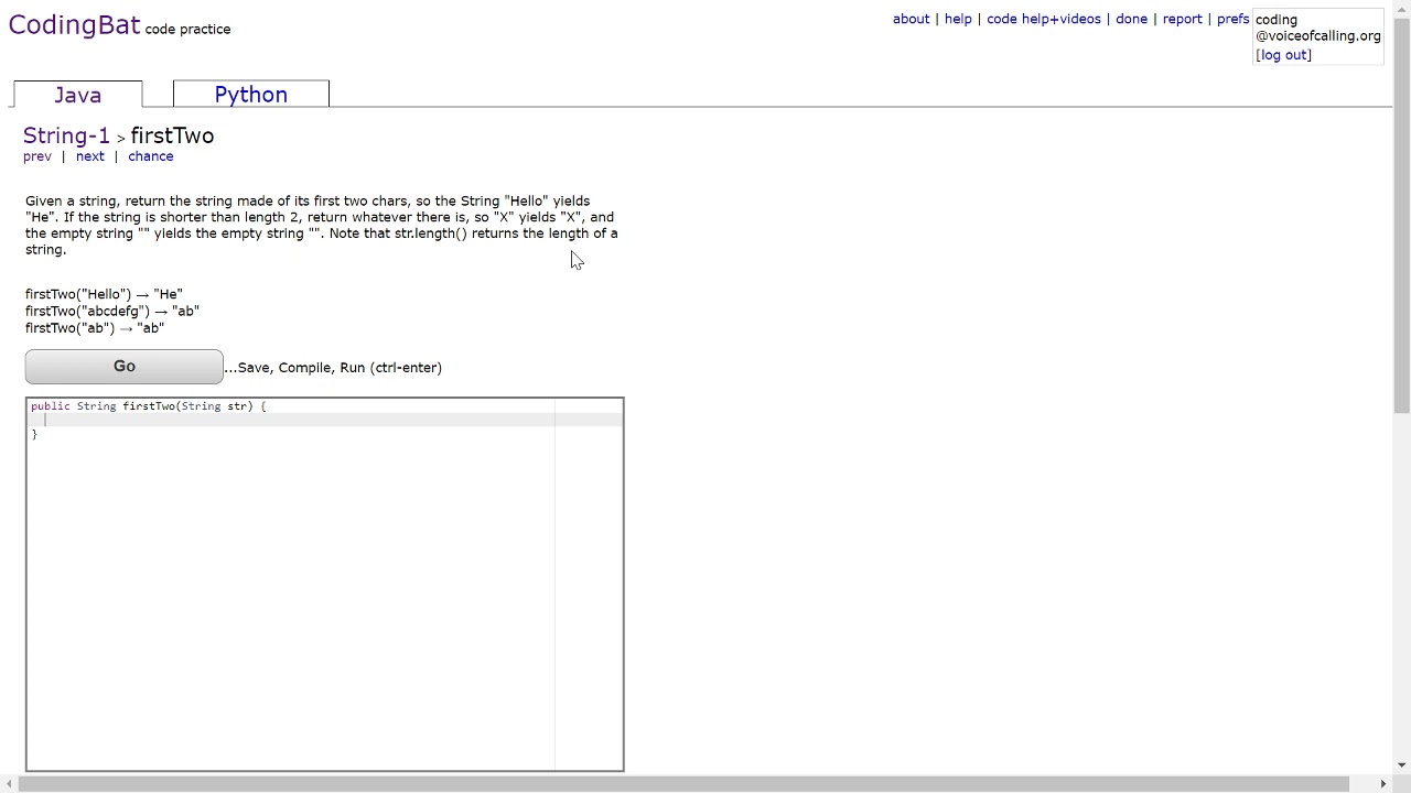 String-1 (firstTwo) Java Tutorial || Codingbat.com