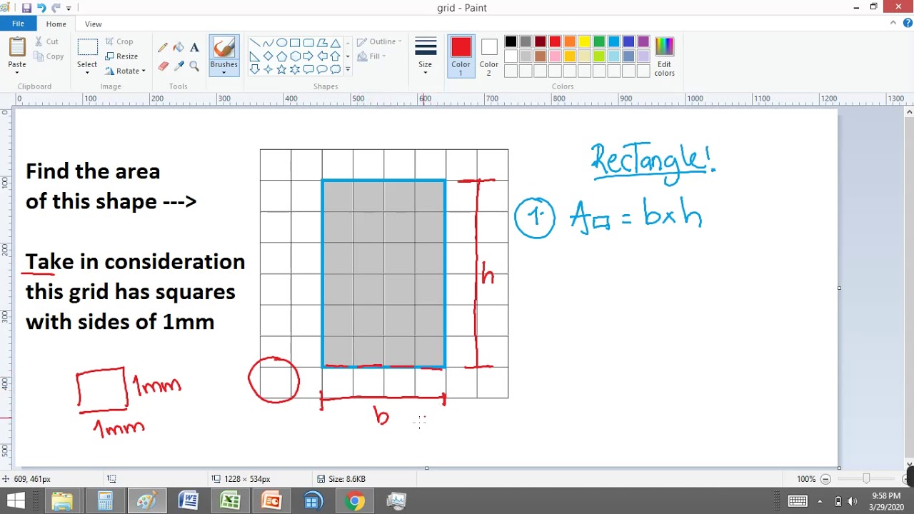 Area of a rectangle, using a grid.
