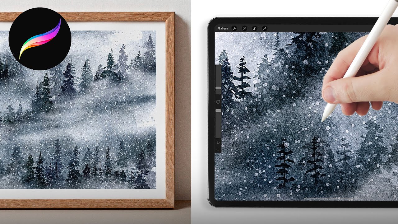 One Color Procreate Landscape Tutorial // Watercolor for Procreate Mountain Forest Illustration