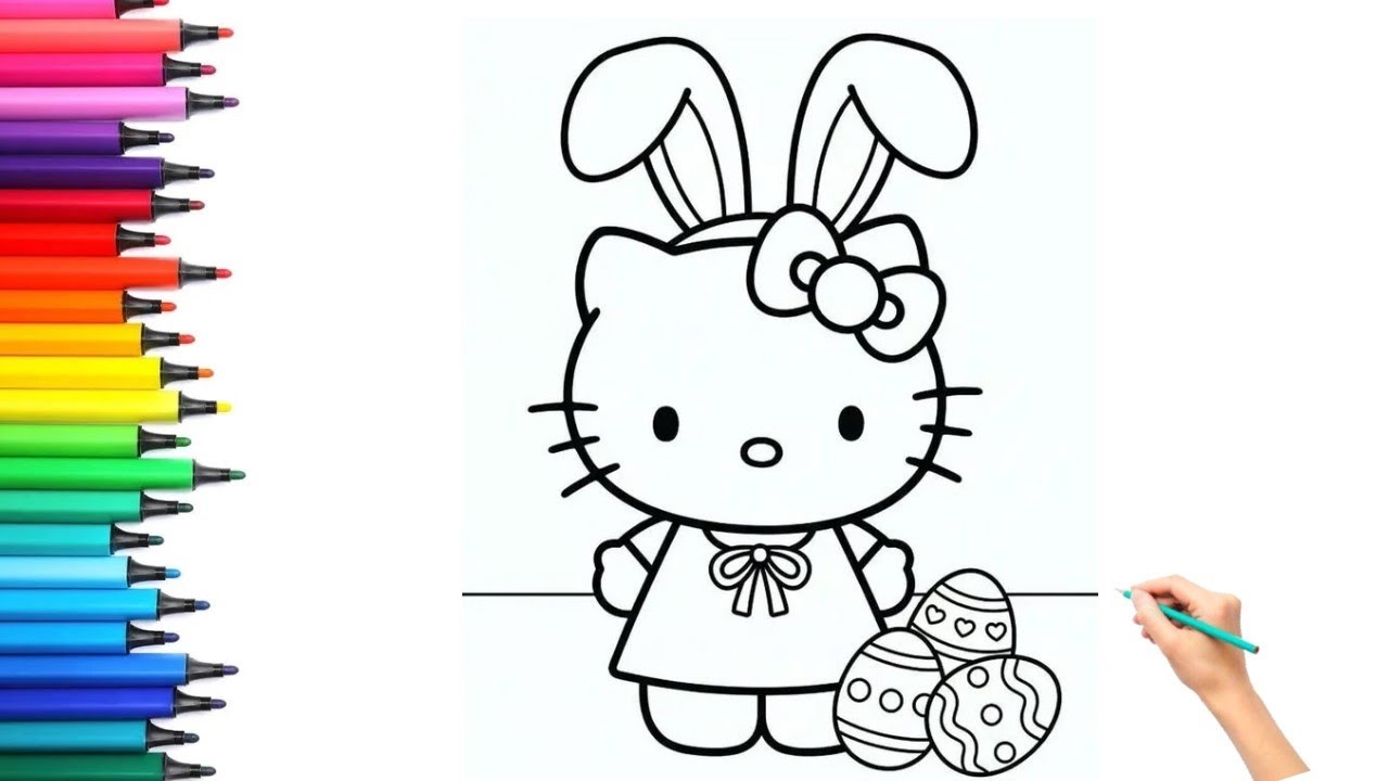 Hello Kitty With Easter Eggs Drawing & Coloring 🐣 | Easy Coloring Pages for Kids